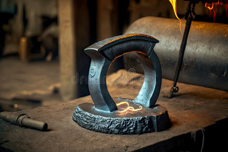 Strong Blacksmith Processes Metal Product in Shape of Ring on Anvil ...