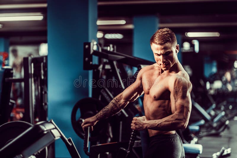Strong Bodybuilder Doing Heavy Weight Exercise for Back on Machine ...