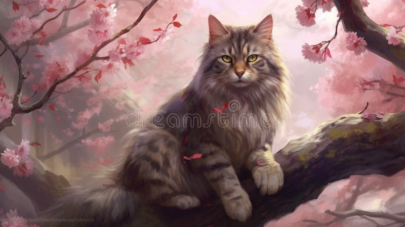 A Strong Brave Grey Anime Cat on a Cherry Tree, Ai Generated Image ...