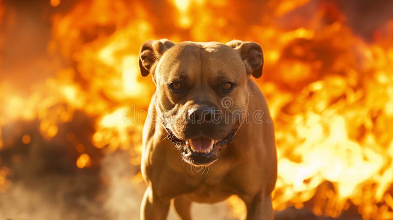 A Strong Brown Dog Stands before an Intense, Blazing Fire, Looking ...