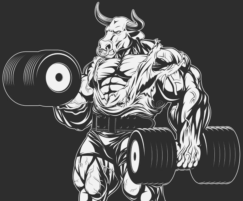Strong bull with dumbbells stock vector. Illustration of hunk - 69927561