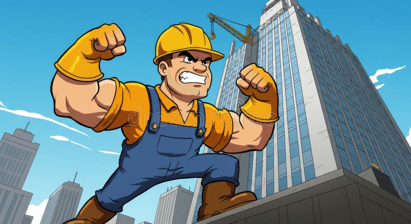 Strong Cartoon Construction Worker with Building a Dynamic Cartoon ...