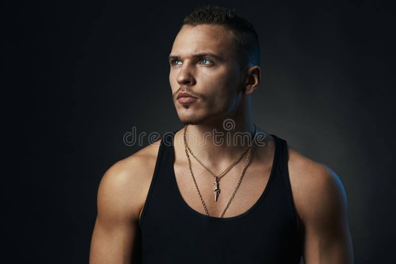 Of Strong Confident Man in a Black T-shirt Stock Image - Image of ...