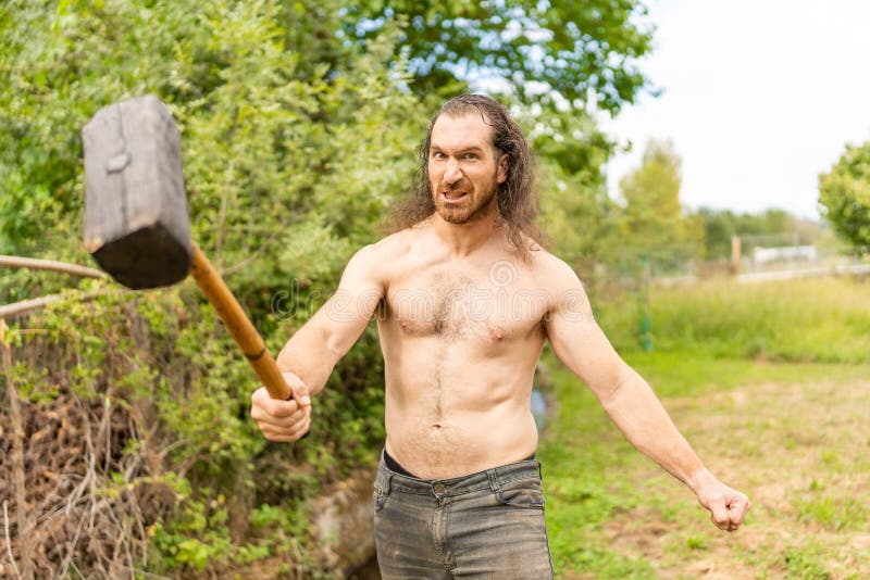 Strong Country Man with Bare Torso and a Hammer Stock Photo - Image of emotion, bare: 261176226