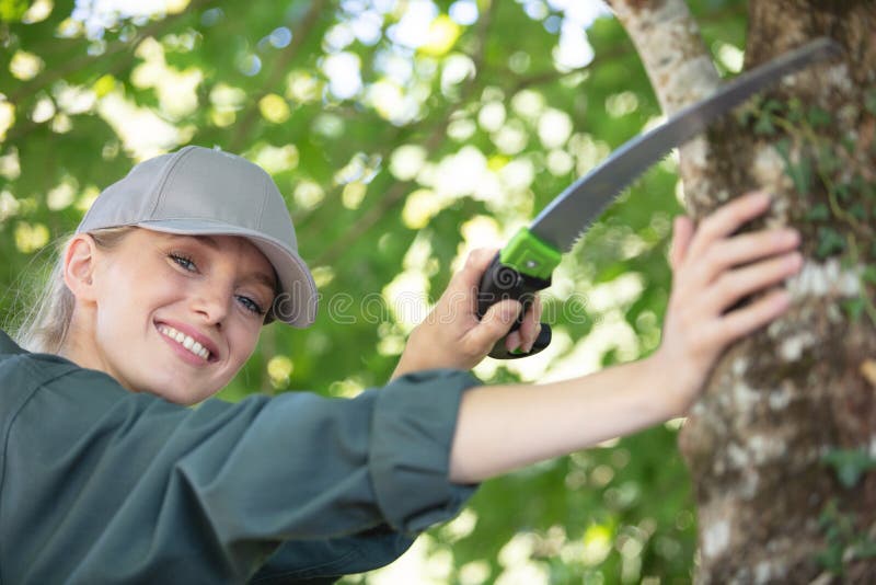 Strong Female Lumberjack Cutting Wood Stock Photo - Image of person ...