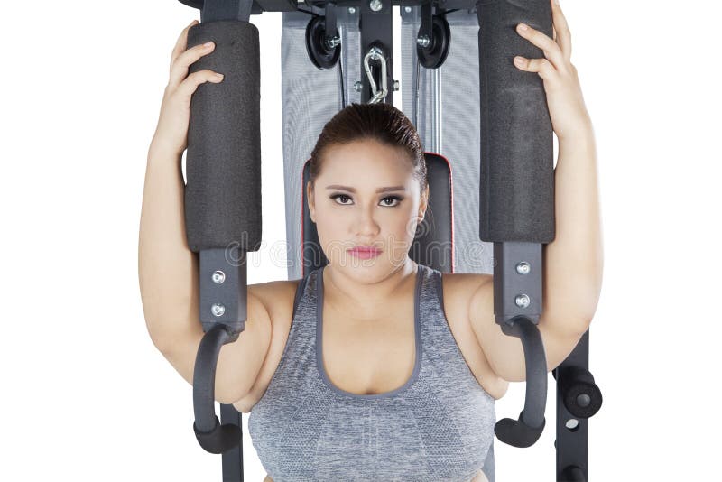 Strong Female and Shoulder Press Machine on Studio Stock Image - Image ...