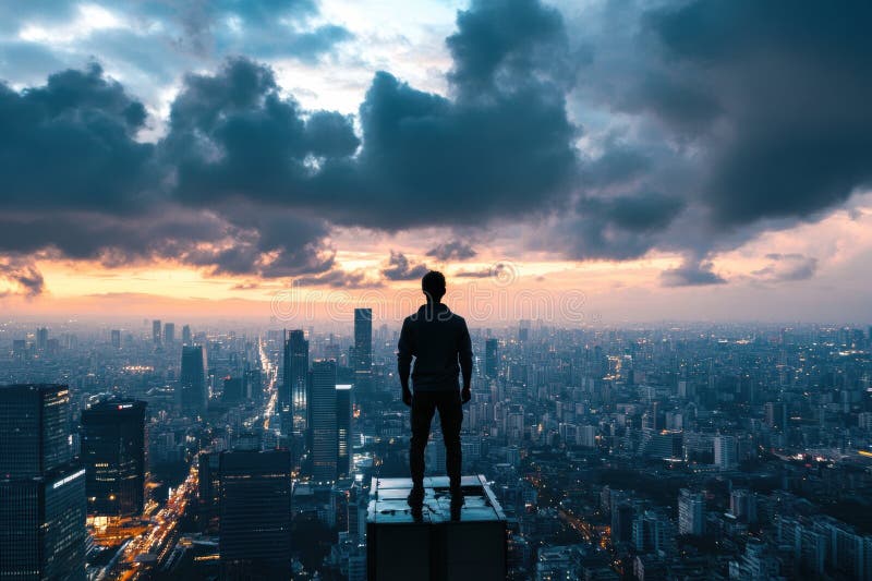 Strong Figure Standing on Skyscraper Overlooking Cityscape at Dusk with ...