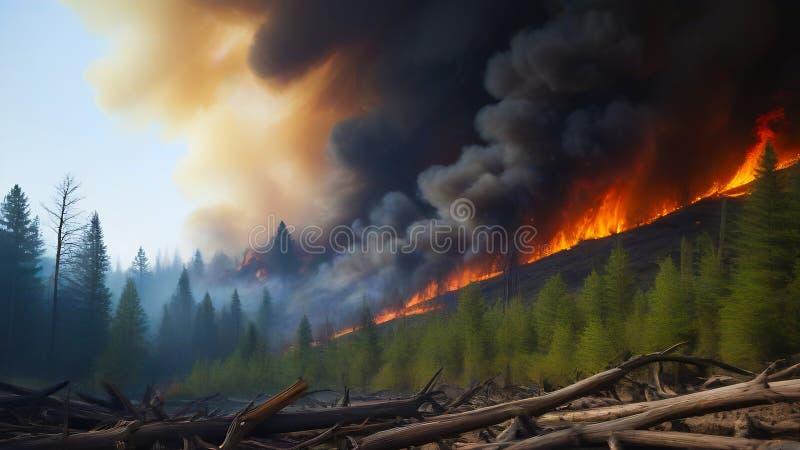 A Strong Fire on a Hot Day in the Forest Rises Up the Mountain Stock ...