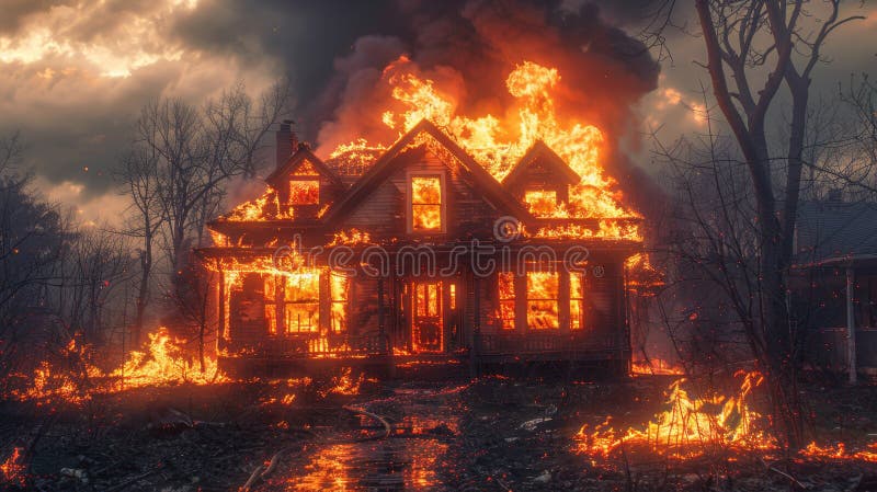 A Strong Fire in a Private House. a Fire in the House Stock Photo ...