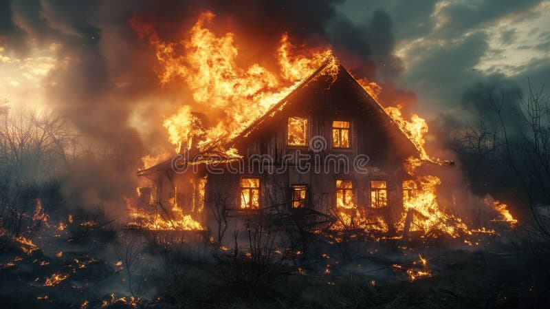 A Strong Fire in a Private House. a Fire in the House Stock Photo ...