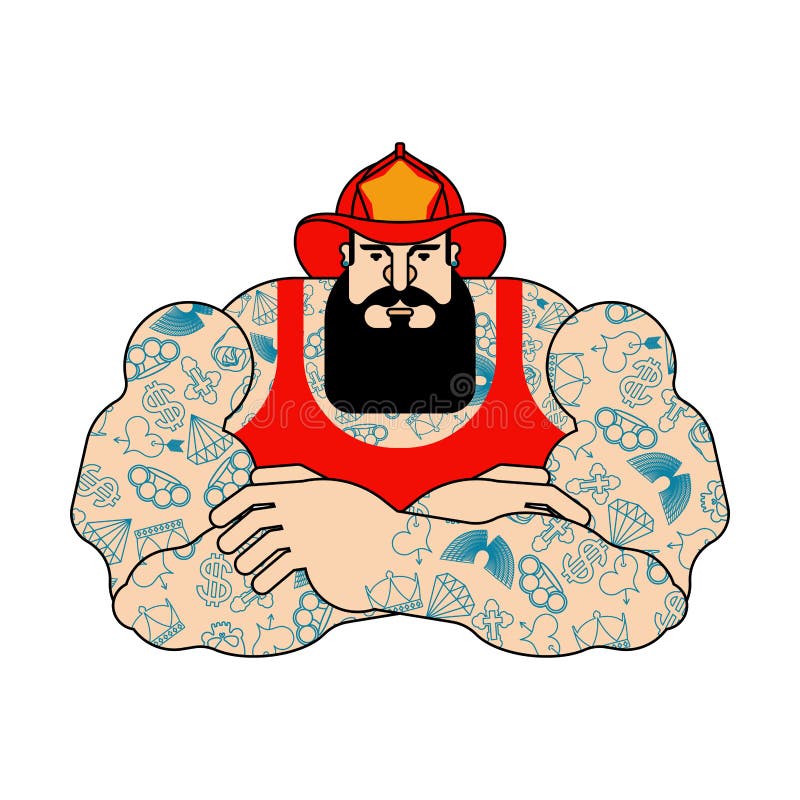 Strong Firefighter with Beard and Tattoos. Vector Illustration Stock ...