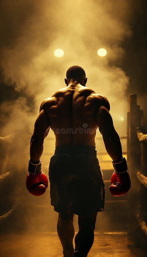 Determined Boxer Standing in Smoke-Filled Ring Under Intense Overhead ...