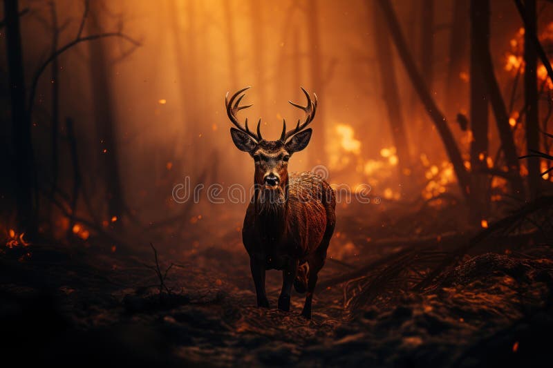 Strong Forest Fire Scared Deer Running from Burning Forest Generative ...