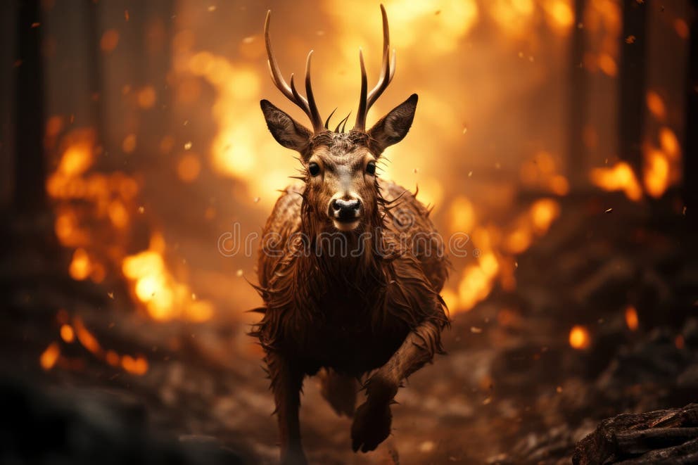 Strong Forest Fire Scared Deer Running from Burning Forest Generative ...