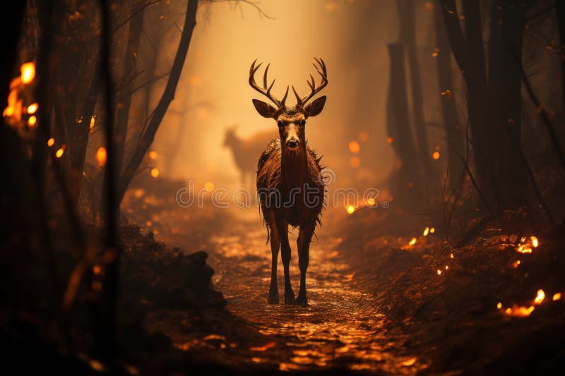Strong Forest Fire Scared Deer Running from Burning Forest Generative ...