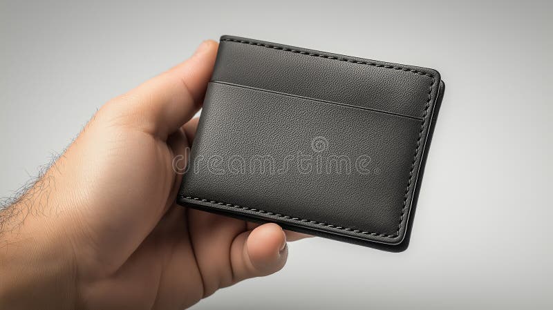 Strong Hand Holding a Sleek Black Wallet in a Minimalist Setting Stock ...