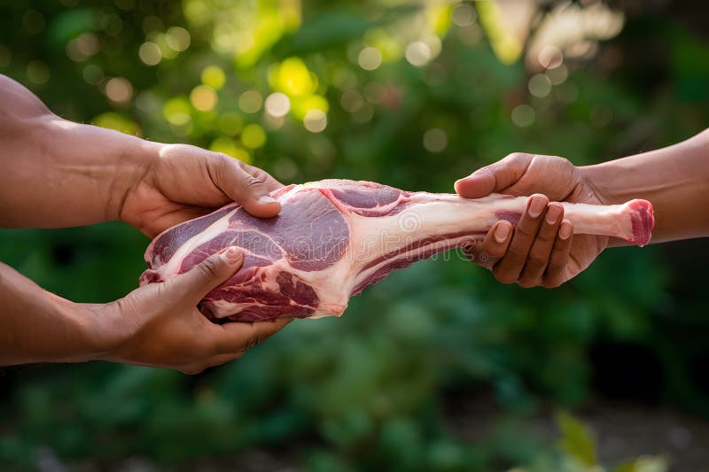 Strong Hands Prep Raw Meat with Greenery Background, Bone Structure ...
