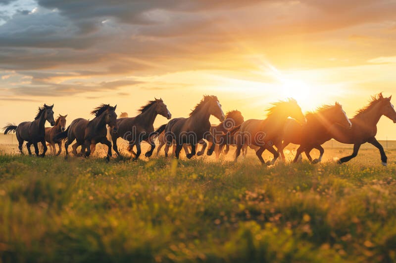 Strong Horses Running on Field on Sunset Stock Illustration ...