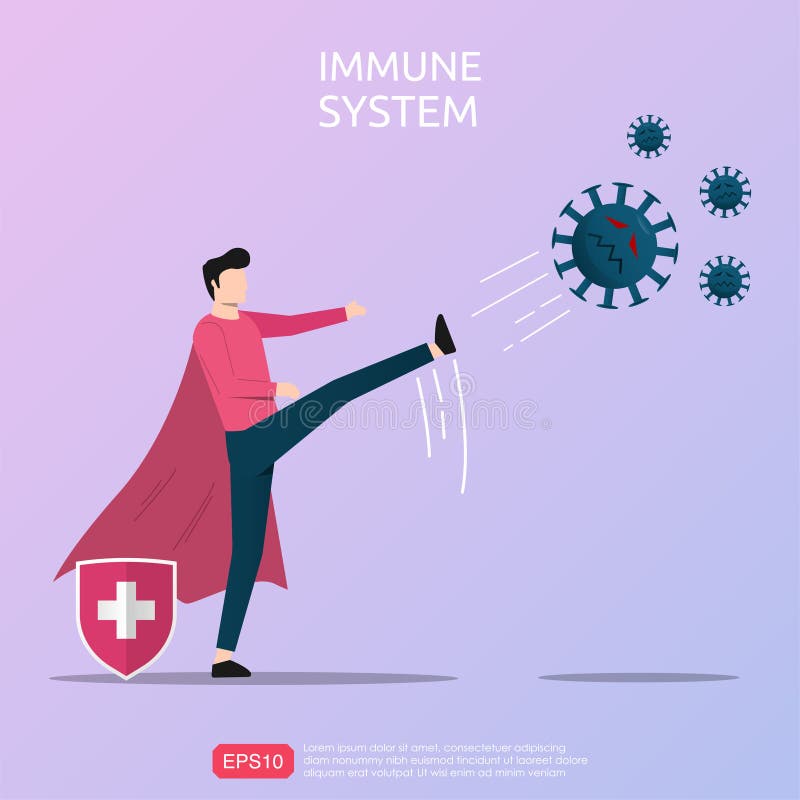 Strong Immune System Concept. Powerful Man Character Kicking Virus or ...