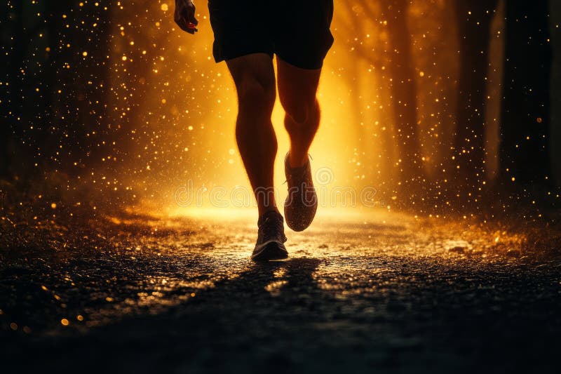 Strong Immunity. Person Running on a Wet Trail with Glowing Golden ...