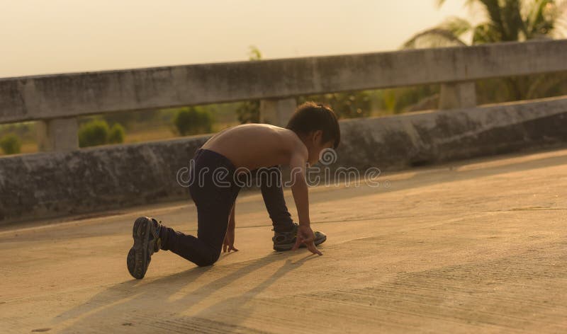 A Strong Little Boy Ran Along the Bridge Stock Image - Image of ...