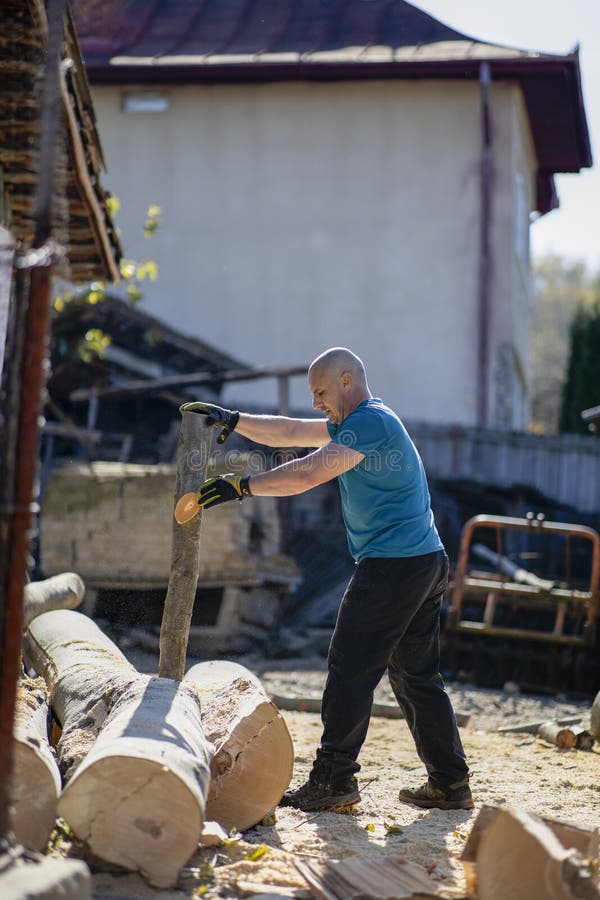 Strong Lumberjack Carrying a Big Beech Stock Photo - Image of slice ...