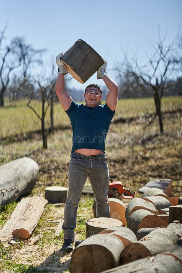 Strong Lumberjack Carrying Log on Shoulder Stock Photo - Image of ...