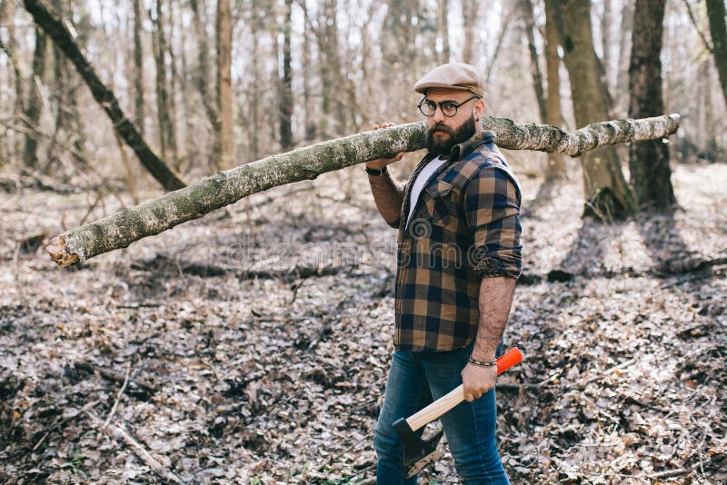 Strong Lumberjack Working in the Forest Stock Image - Image of ...