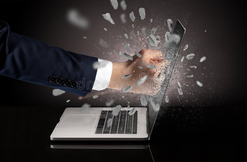 Hand breaks laptop screen stock image. Image of computer - 151417065