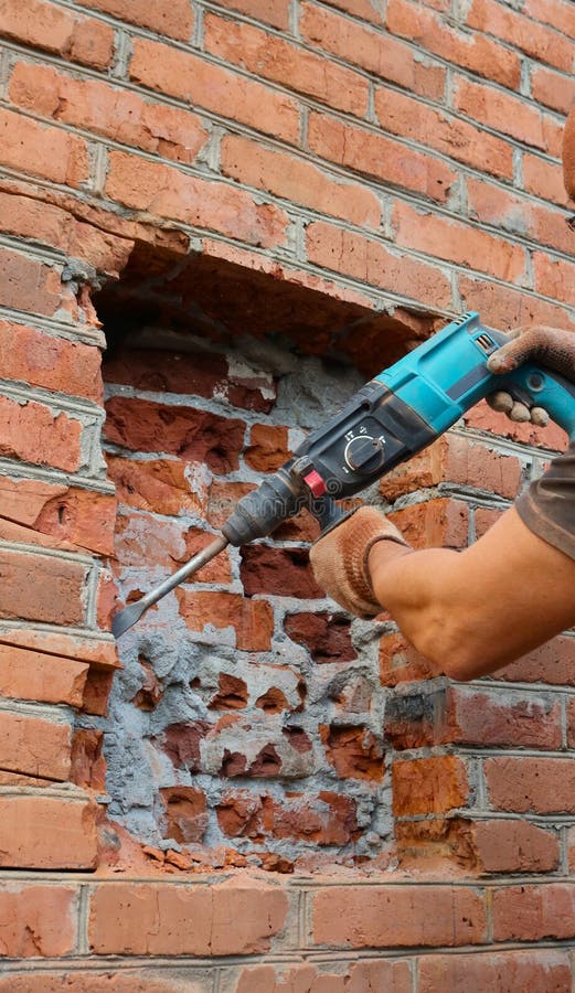 Breaking a Brick Wall with a Drill To Make a Window Stock Photo - Image ...