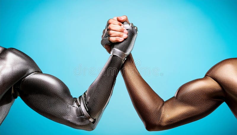 A Strong Man Armwrestling with a Robot Arm on a Light Blue Studio ...