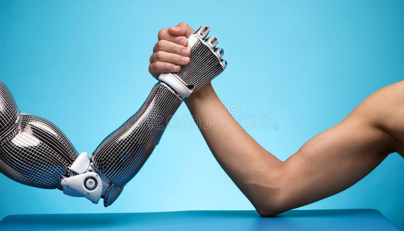 A Strong Man Armwrestling with a Robot Arm on a Light Blue Studio ...