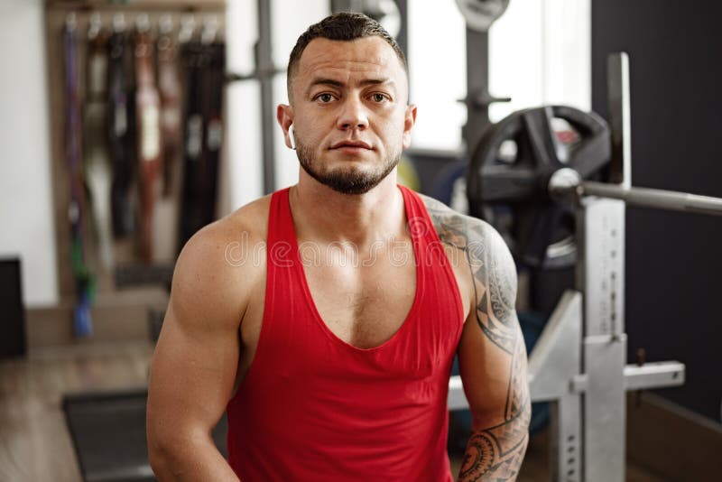 Strong Man Athlete Exercise in Gym, Close Up Portrait Stock Image ...