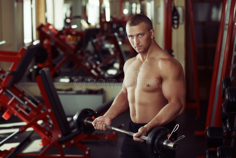 Strong Man Bodybuilder in the Gym Exercising with a Barbell, Doing ...