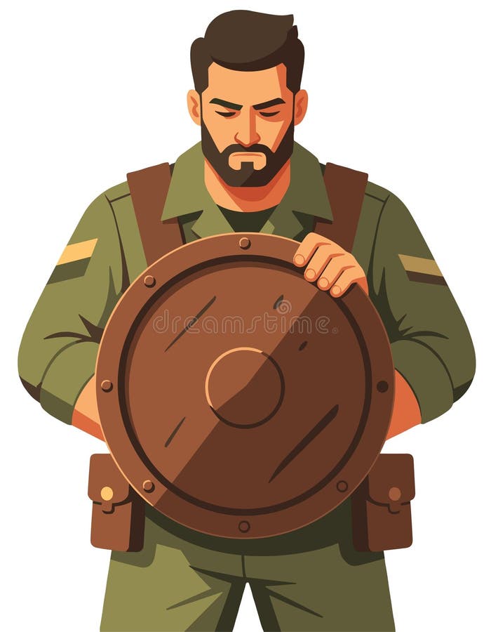 Strong Man Brown Beard Holding Shield Green Uniform Defense Vector ...