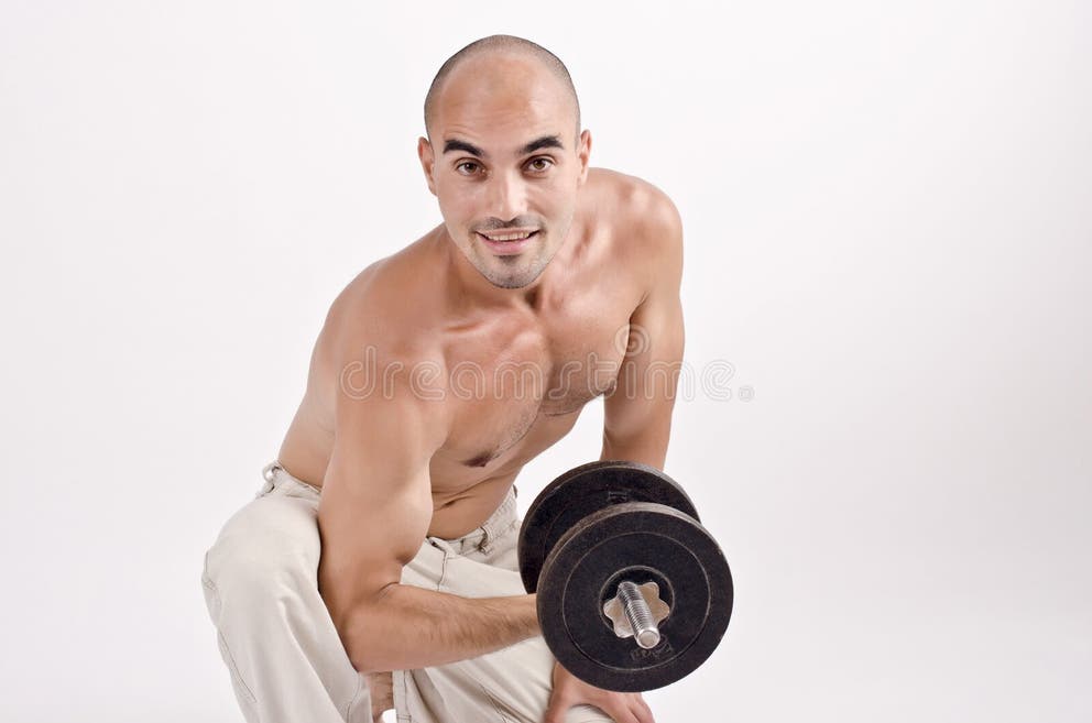 Strong Man Lifting Weights for the Biceps. Stock Photo - Image of ...
