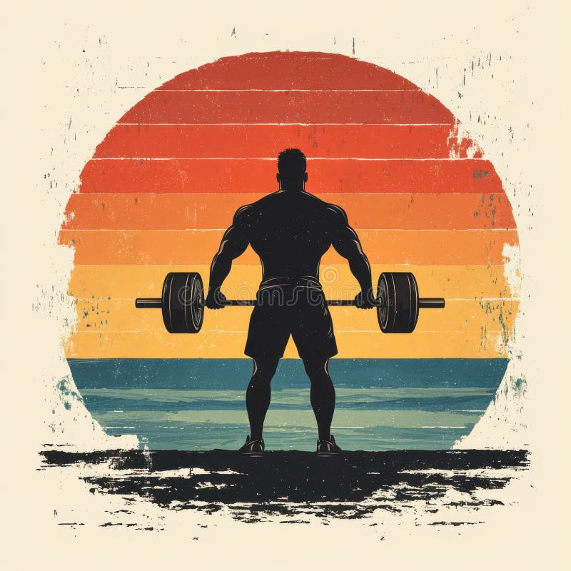 Strong Man Silhouette Lifting Weights at Sunset Ocean View Retro Style ...