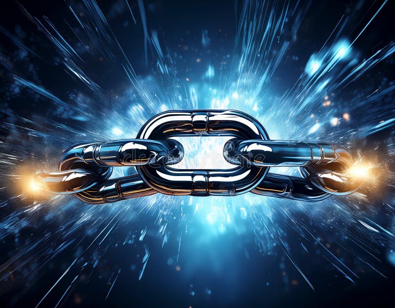 Strong Metallic Chain is Glowing and Breaking on Blue Background Stock ...