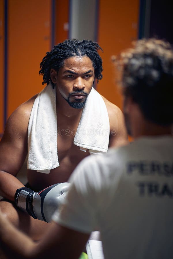 Strong and Powerful Young Boxing Player after Workout Sitting with Coach, Talking Stock Photo ...