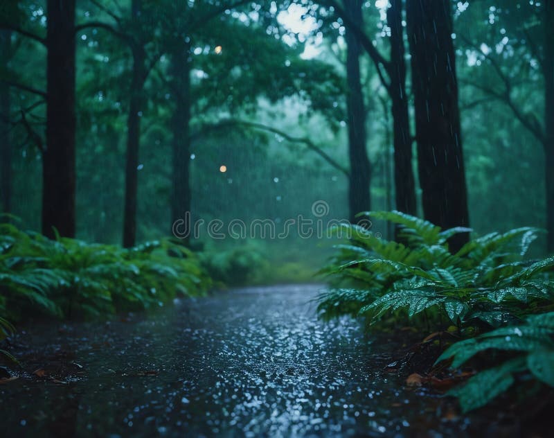 Strong rain forest at dusk stock illustration. Illustration of water ...
