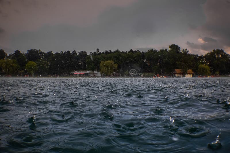 Strong Rain with Large Drops at the Lake Stock Image - Image of lake ...