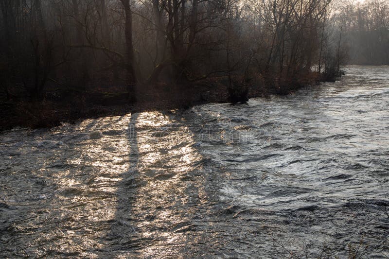 Strong River Current with Lots of Rocks and Shrubs in Winter Stock ...