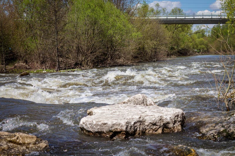 Strong River Current, Splash of Water, Waves and Large Stones. Stock ...