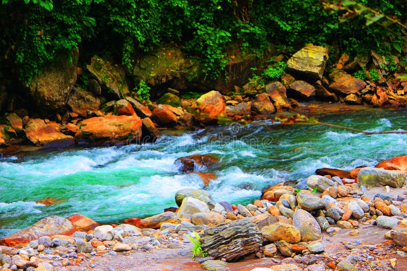 Strong River Current, Splash of Water, Waves and Large Stones. Stock ...