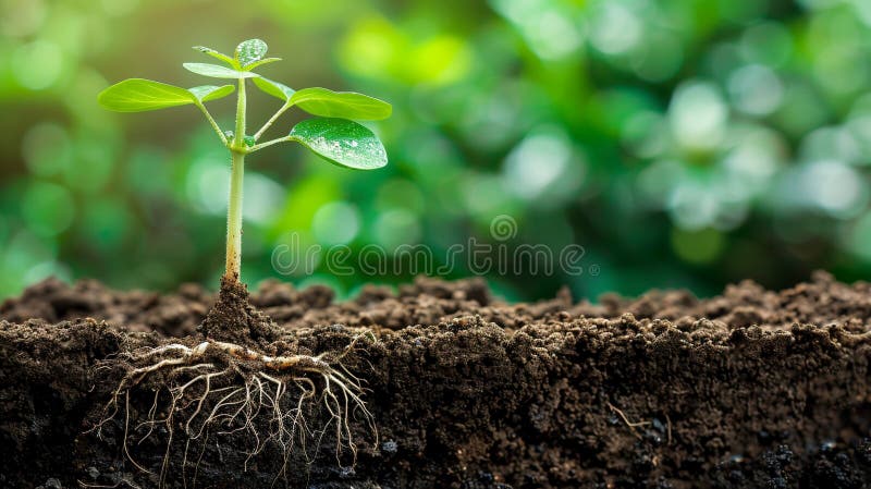 Strong Roots of a Sprouting Seed in Soil, Sectional View, Vast Copy ...