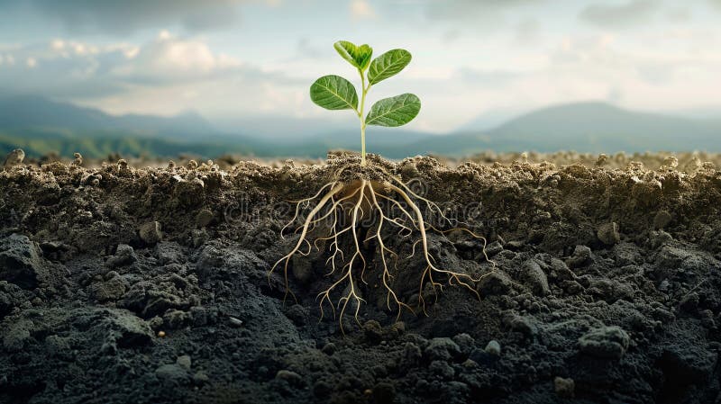 Strong Roots of a Sprouting Seed in Soil, Sectional View, Vast Copy ...