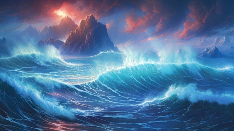 Strong Sea Storm Huge Waves Lightning Bolts Epic Stock Illustration ...