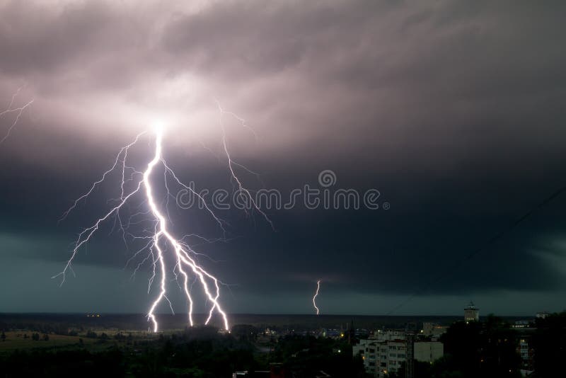 Strong Storm with Thunderbolts at Night Stock Photo - Image of ...