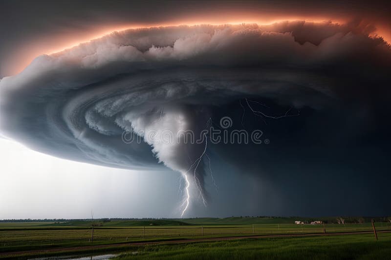 A Strong Storm with Thunderstorms and Bright Lightning Over the Field ...