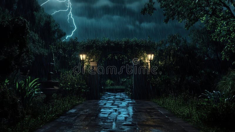 Strong Thunderstorm Over Garden Rainy Night Stock Photos - Free ...